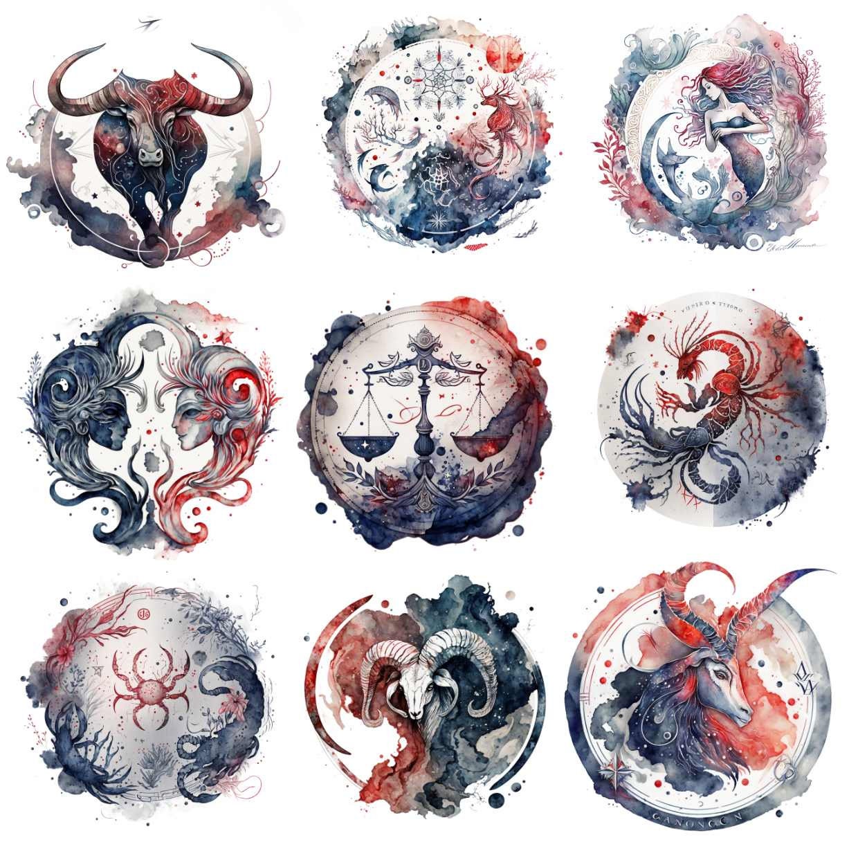 12 Zodiac Signs PNG Clipart Bundle, Horoscope Design, Star Design Sign ...