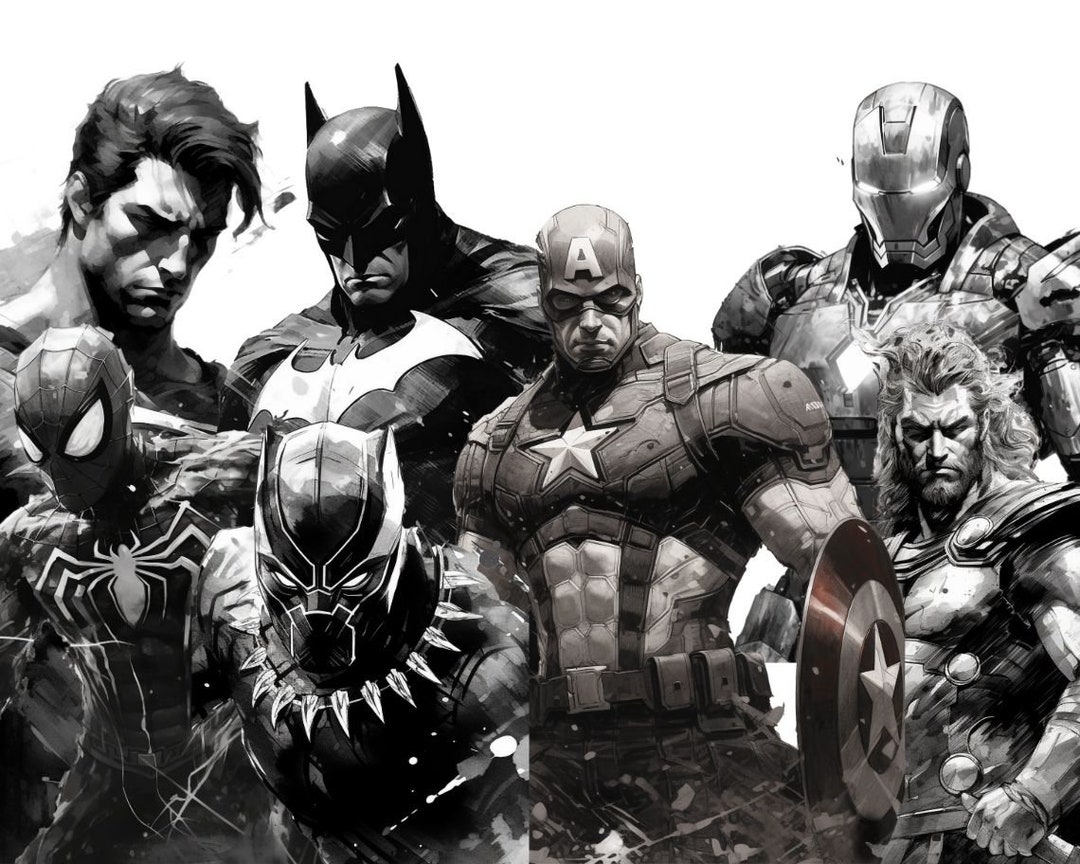 7 Watercolor Superheroes Black and White Poster, Superhero Black and ...