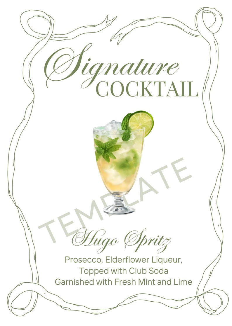 Digital Download Signature Cocktail Hugo Spritz Bar Menu Sign - Elegant ...