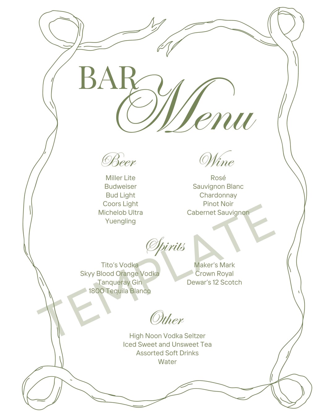 Digital Download Bar Menu - Elegant Party, Wedding, or Event - Editable ...
