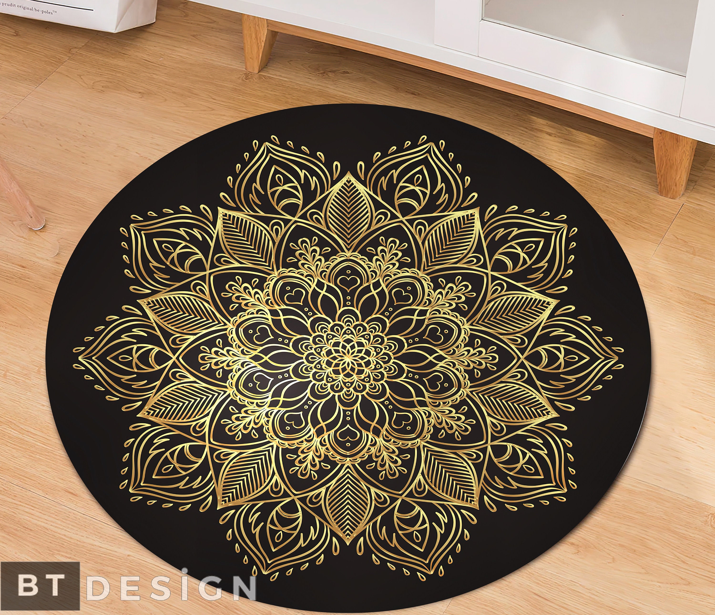Black-gold Mandala Rug, Art Deco Chic Nonslip Area Rug, Circle Rug for ...