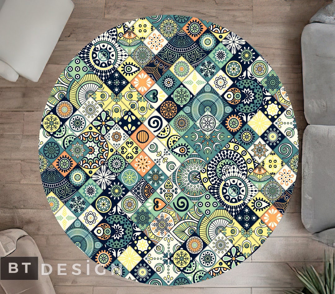 Motif Rug, Colorful Motifs Pattern Nonslip Area Rug, Ethnic Design Rug ...