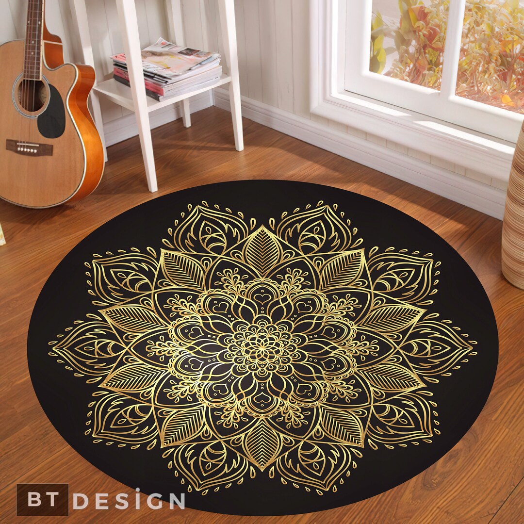 Black-gold Mandala Rug, Art Deco Chic Nonslip Area Rug, Circle Rug for ...