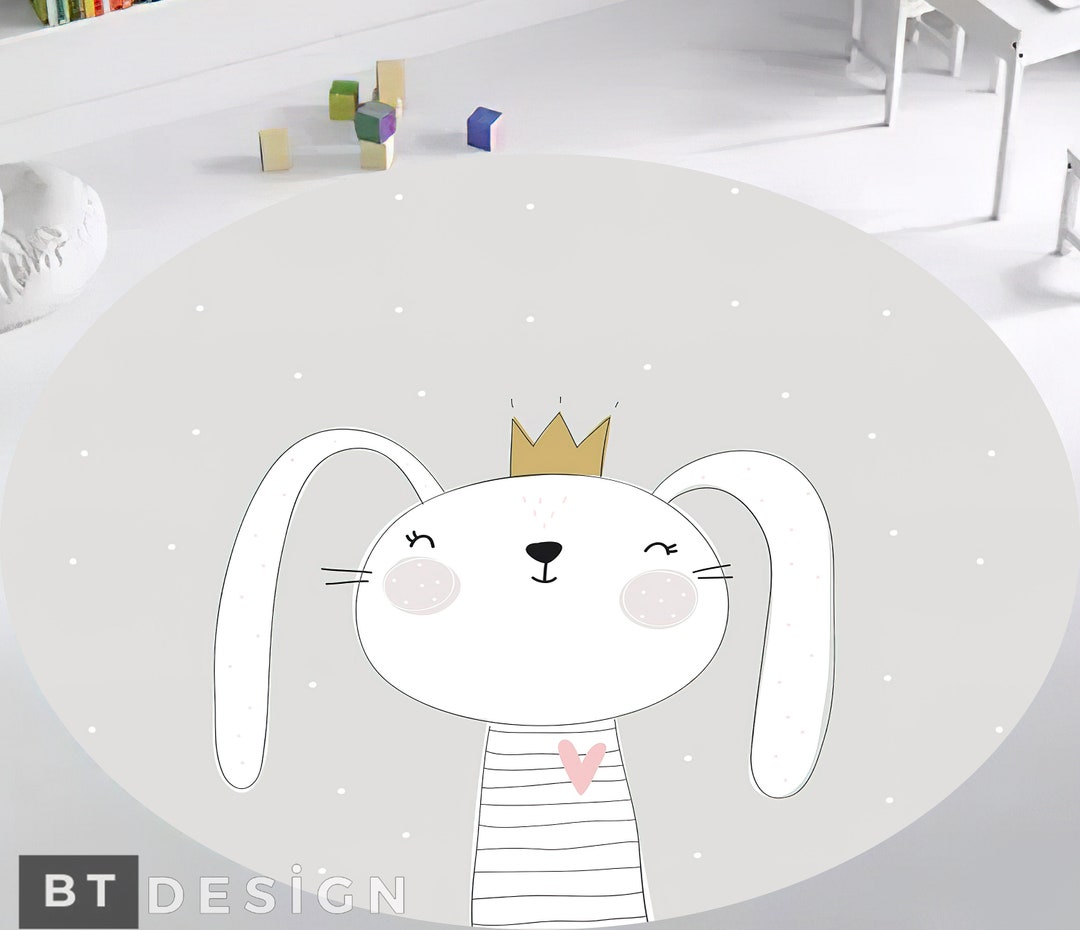 Rabbit Round Rug, Cute White Rabbit Themed Nonslip Area Rug, Gray Rug ...