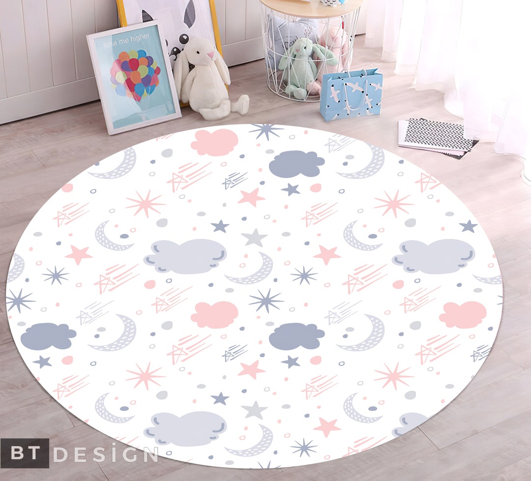 Moon Cloud Round Rug, Cute Stars Moon Themed Nonslip Area Rug, Sleep ...