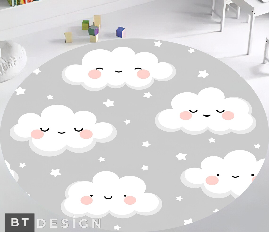 Nursery Rug, Cute Cloud Smiling Faces Themed Nonslip Area Rug, Playmat ...