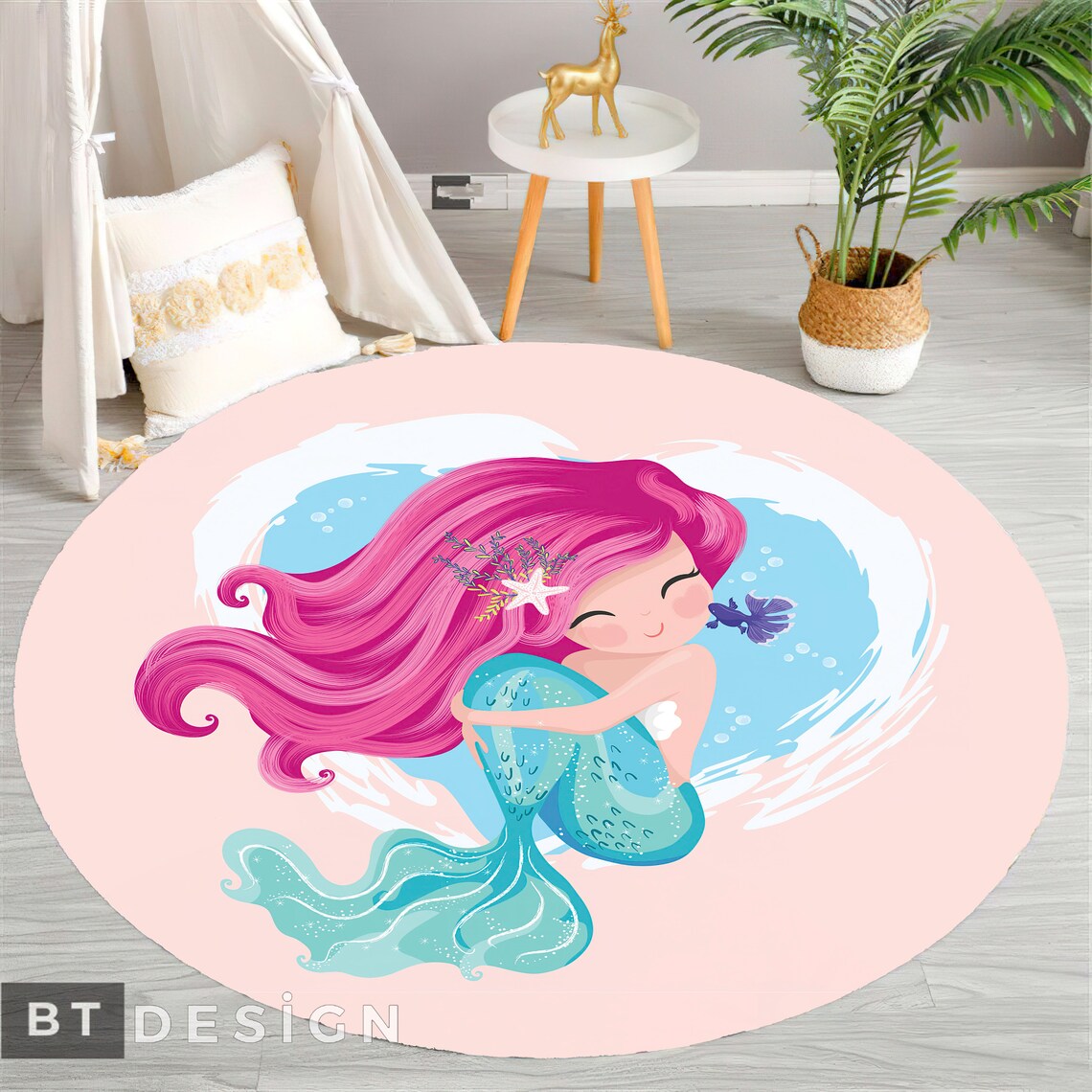 Nursery Round Rug, Mermaid Themed Nonslip Area Rug, Sea World Playmat ...