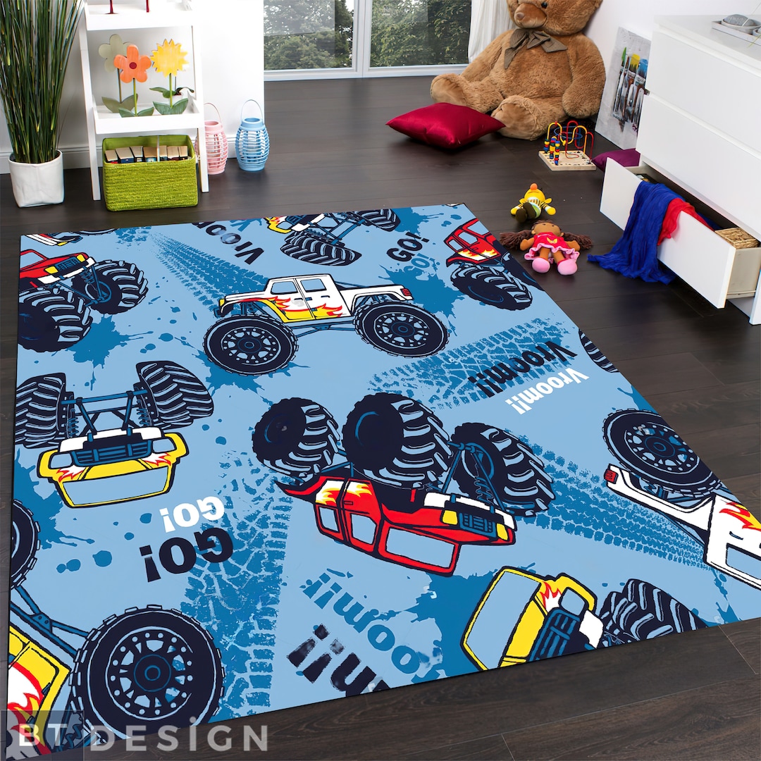 Nursery Trucks Rug, Monster Trucks Themed Nonslip Area Rug, Playmat for ...