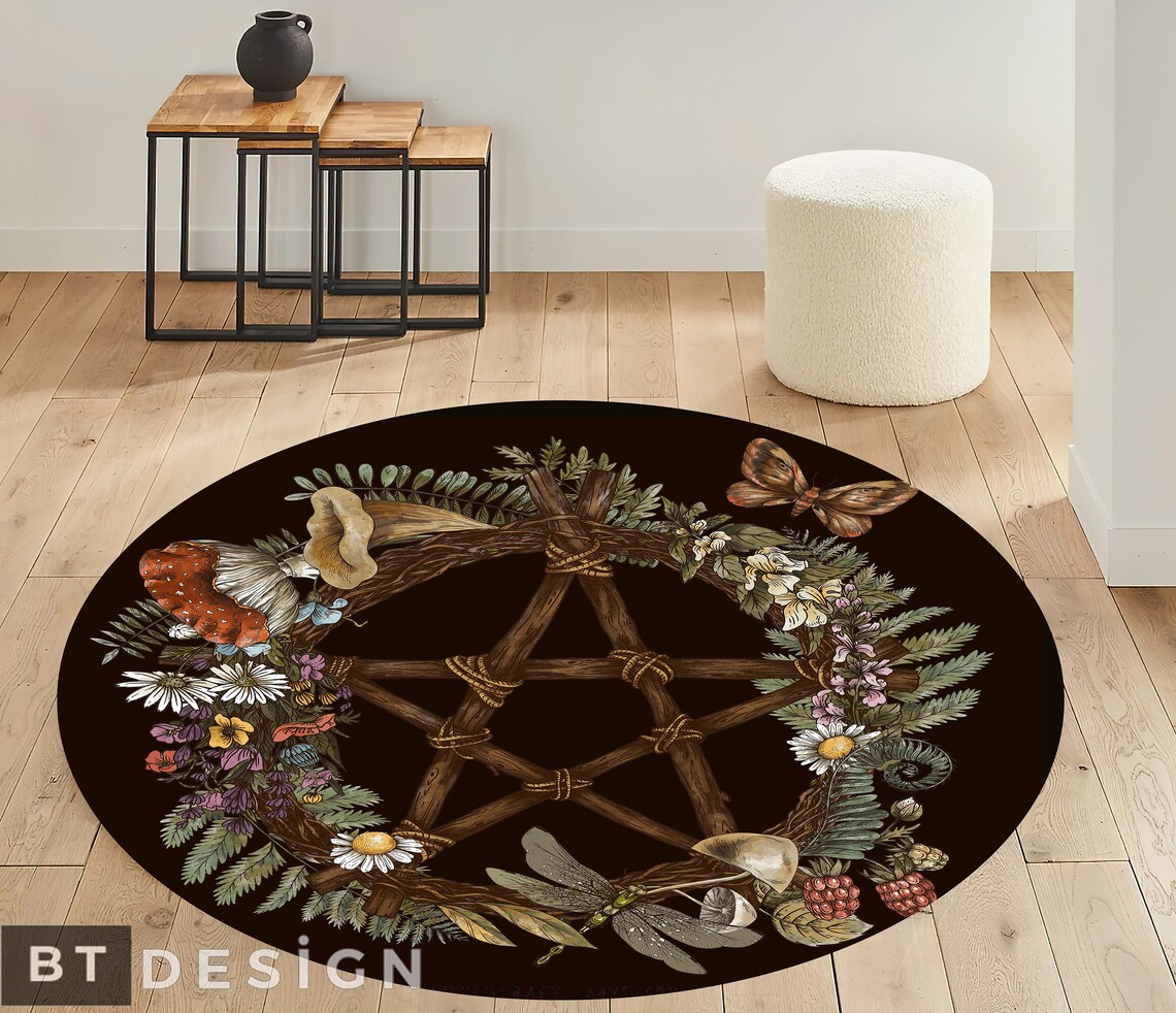 Pentacle Round Rug, Pentacle Flower Wooden Themed Nonslip Area Rug ...