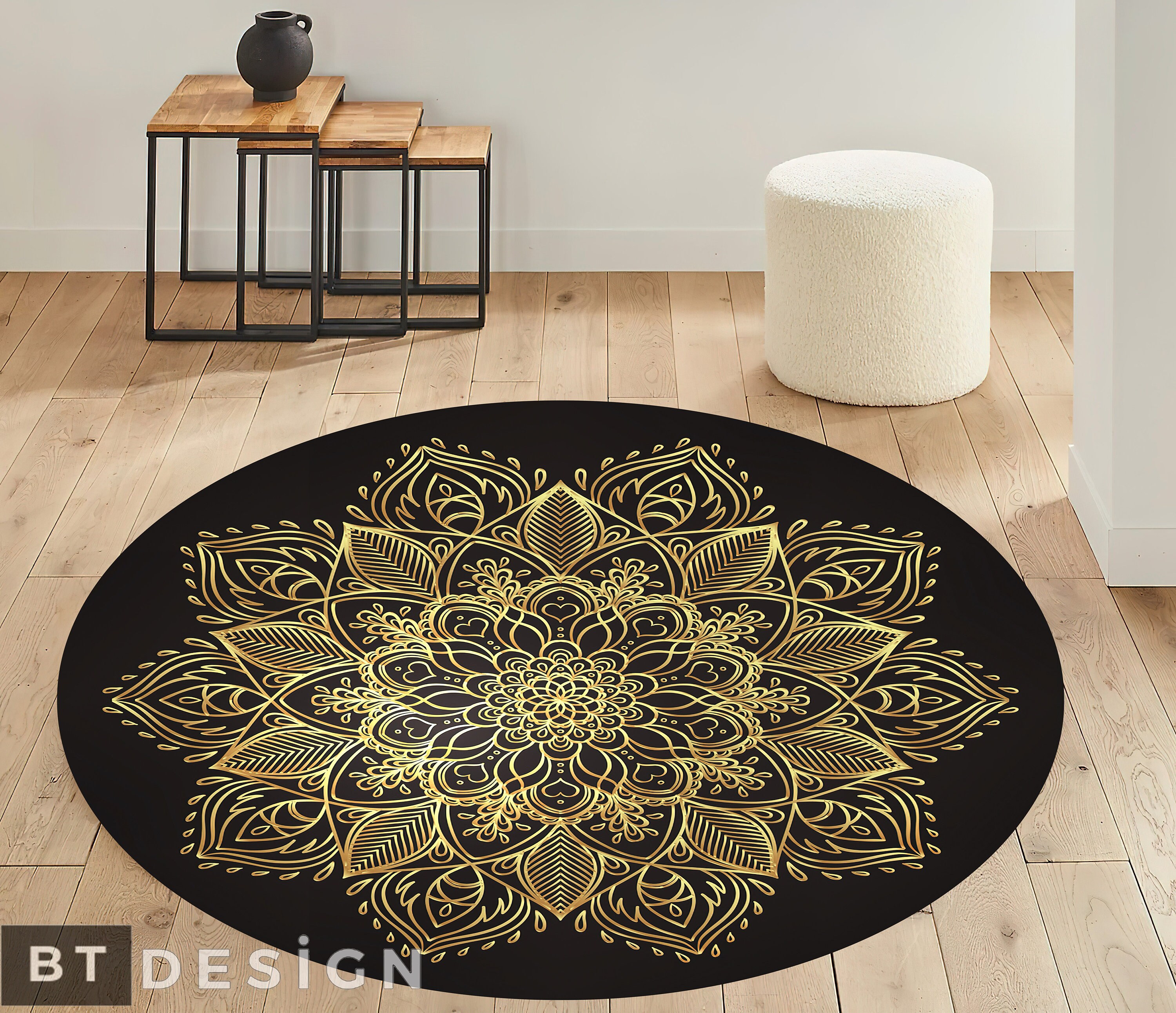 Black-gold Mandala Rug, Art Deco Chic Nonslip Area Rug, Circle Rug for ...