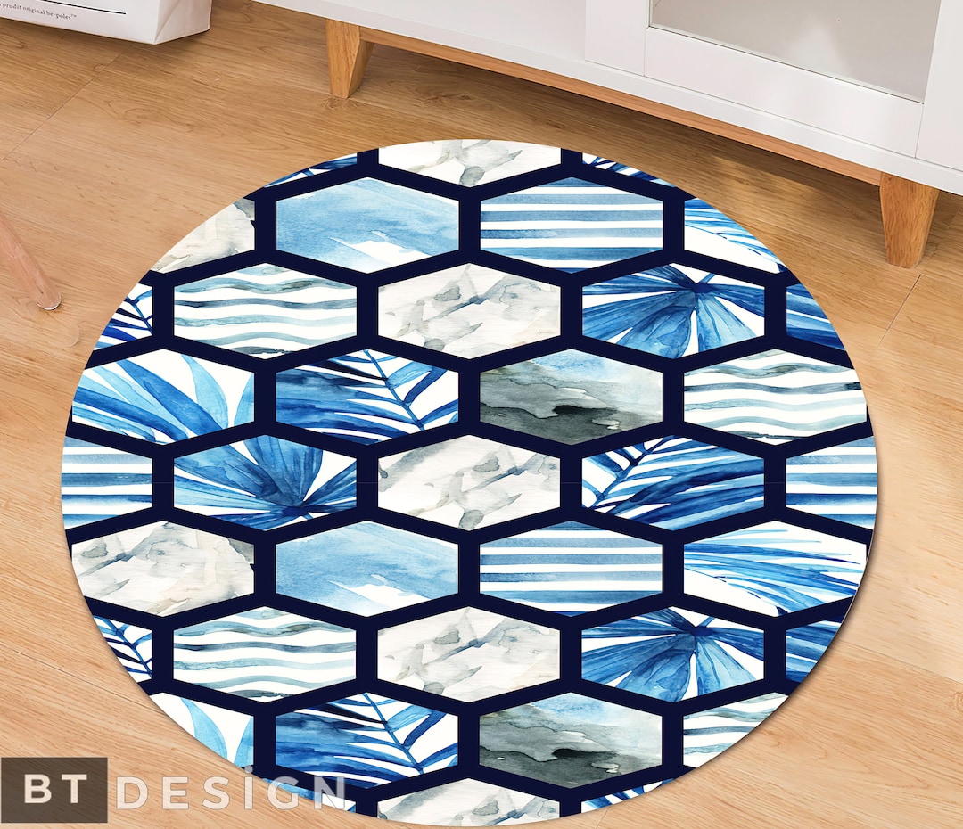 Hexagon Rug, Palm Leaves With Hexagon Black Stripes Themed Nonslip Area ...