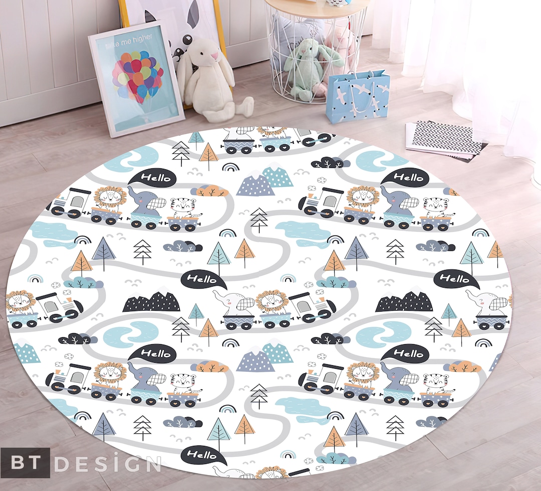 Train Nursery Rug, Happy Animals in Locomotive Pattern Nonslip Area Rug ...