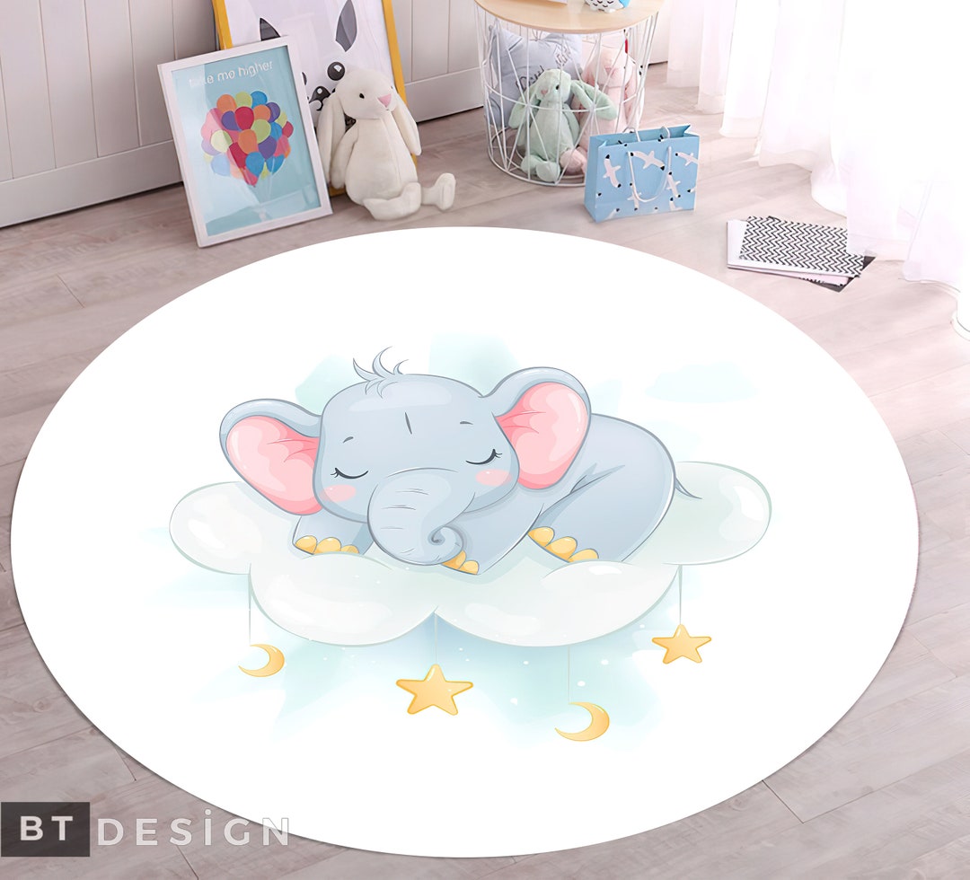 Elephant Nursery Round Rug, Sleepy Elephant on Cloud Themed Nonslip ...