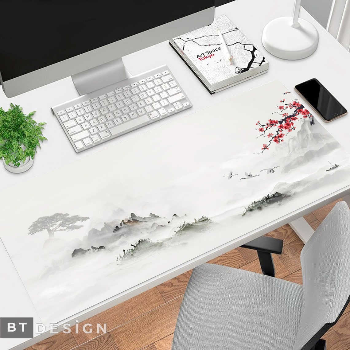 Landscape Deskmat, Chinese Plum Blossom Large Mousepad, Gray White Deskmat, Cute Deskmat ...