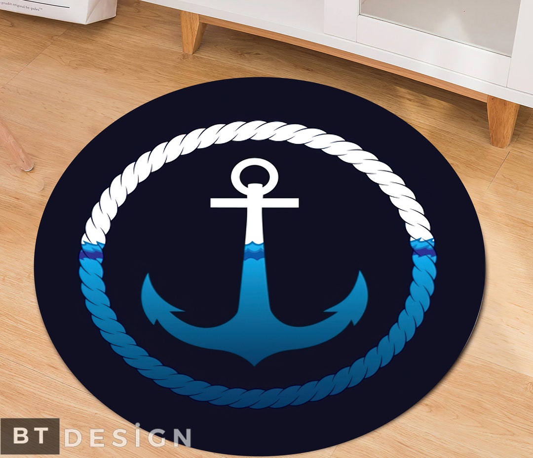 Marine Rug, Anchor Icon Themed Nonslip Area Rug, Sea Circle Rug for ...