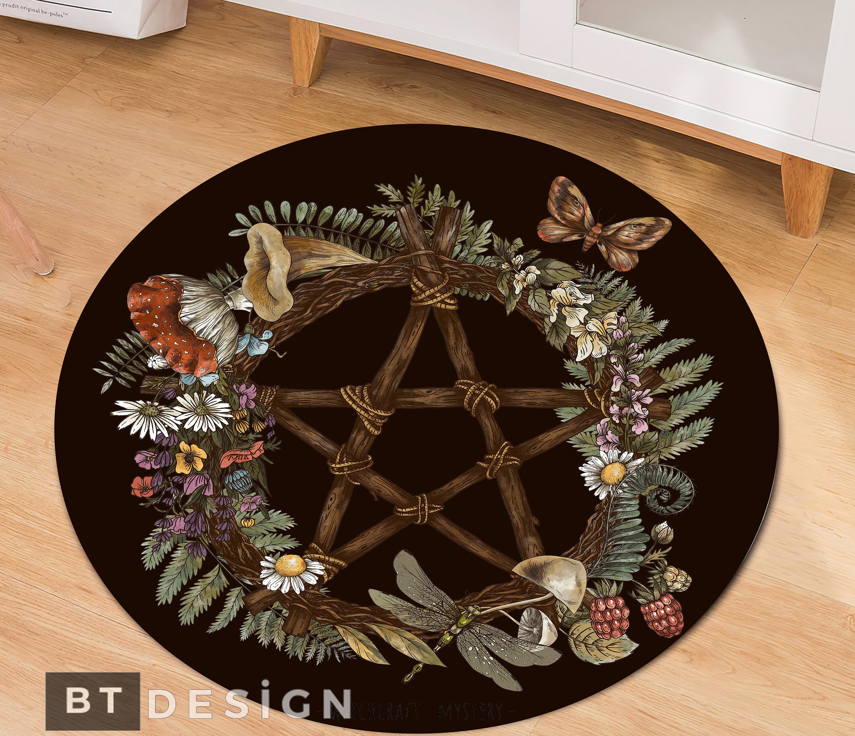 Pentacle Round Rug, Pentacle Flower Wooden Themed Nonslip Area Rug ...