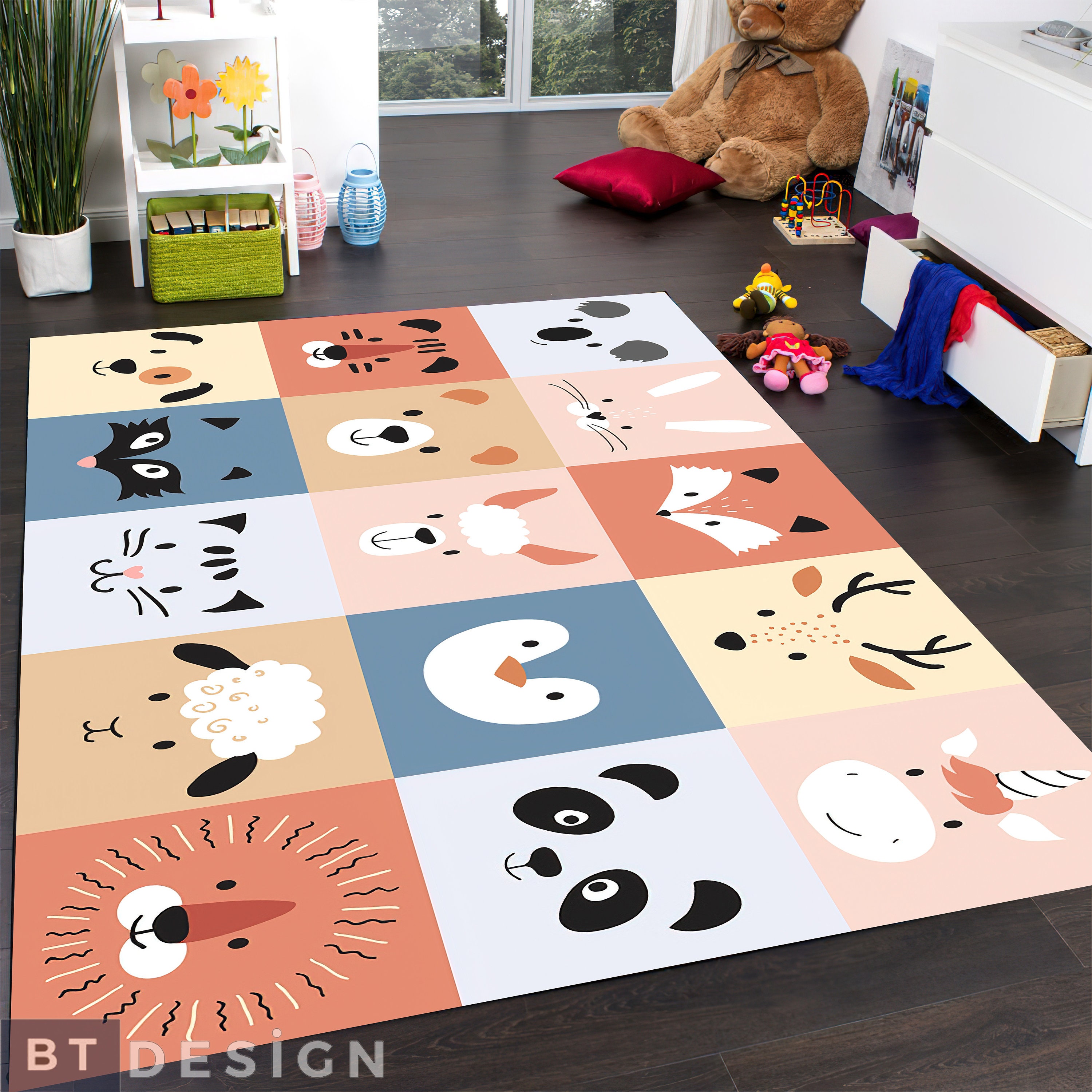 Nursery Area Rug, Cute Animal Faces Themed Nonslip Area Rug, Playmat ...