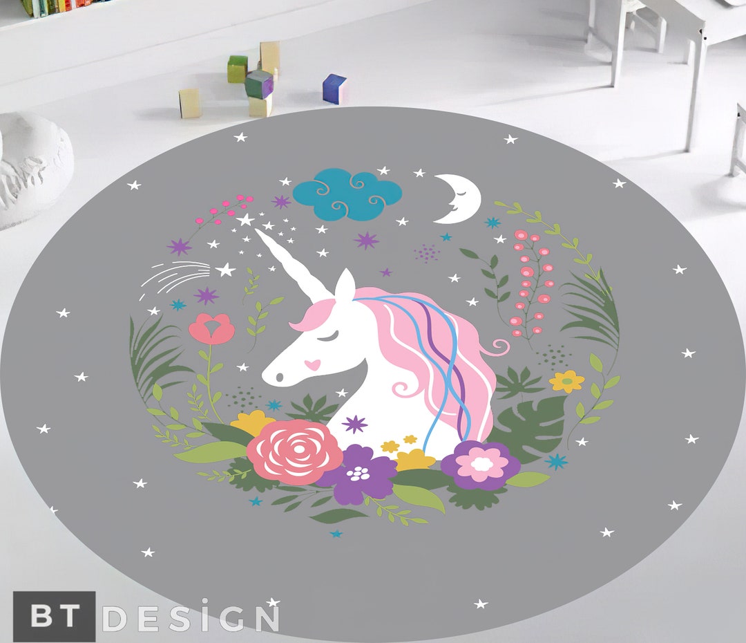 Nursery Round Rug, Unicorn Themed Nonslip Area Rug, Gray Rug for Kids ...