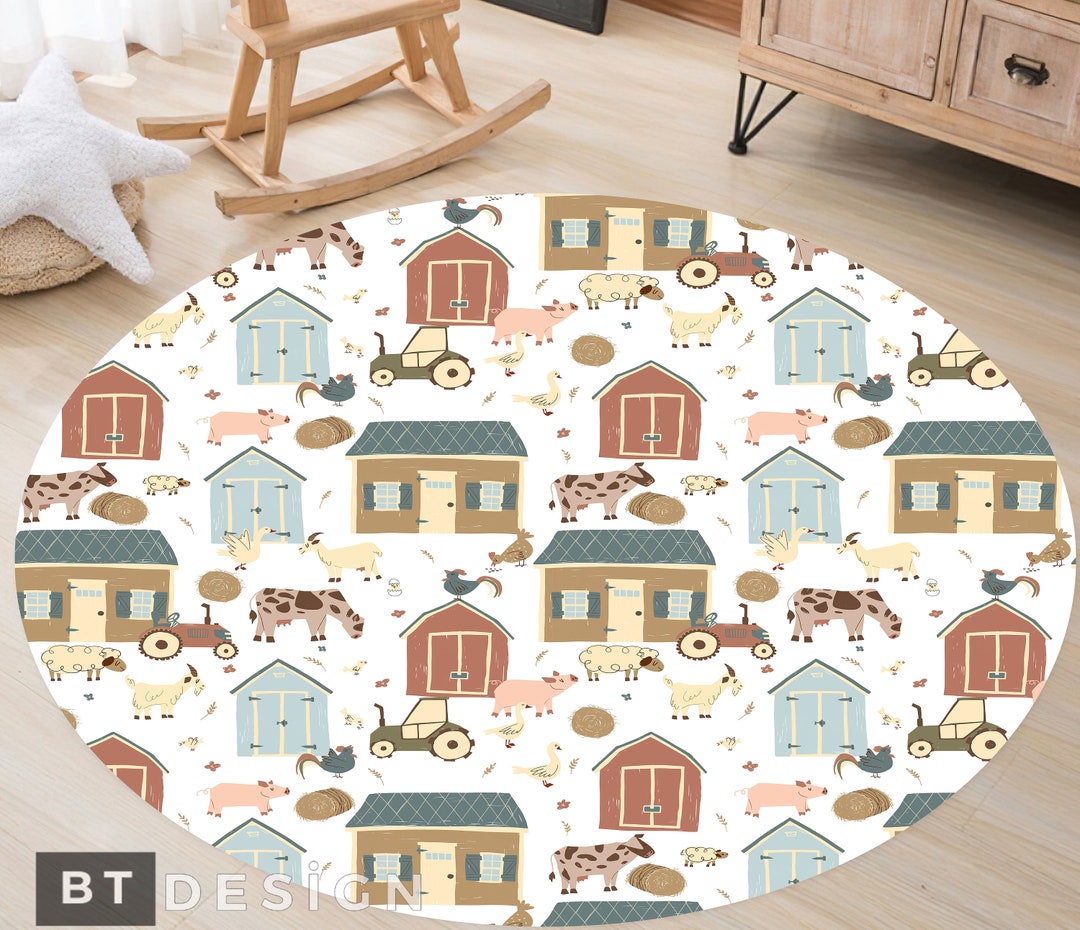 Farm Nursery Rug, Farm House Pattern Kids Nonslip Area Rug, Cow Sheep ...