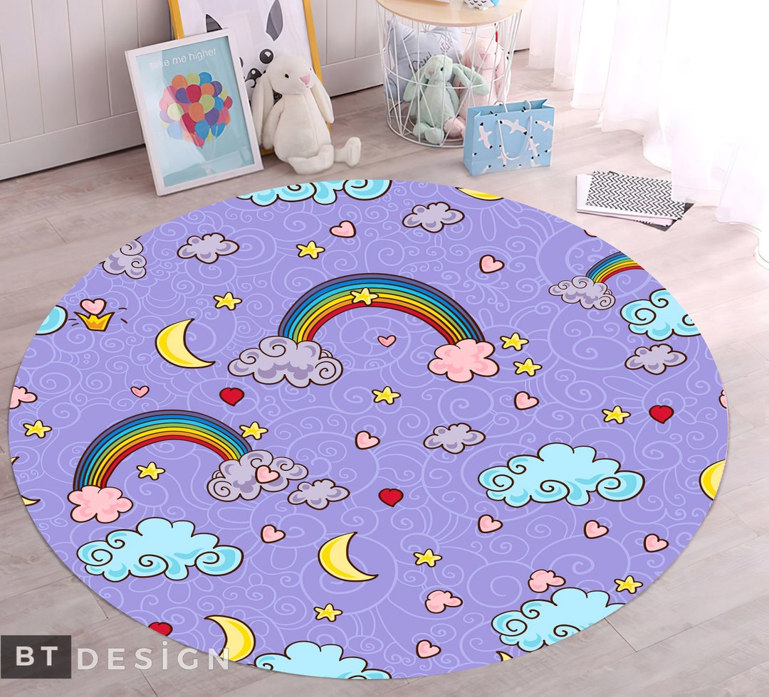 Rainbow Nursery Round Rug, Rainbow Cloud Moon Themed Nonslip Area Rug ...