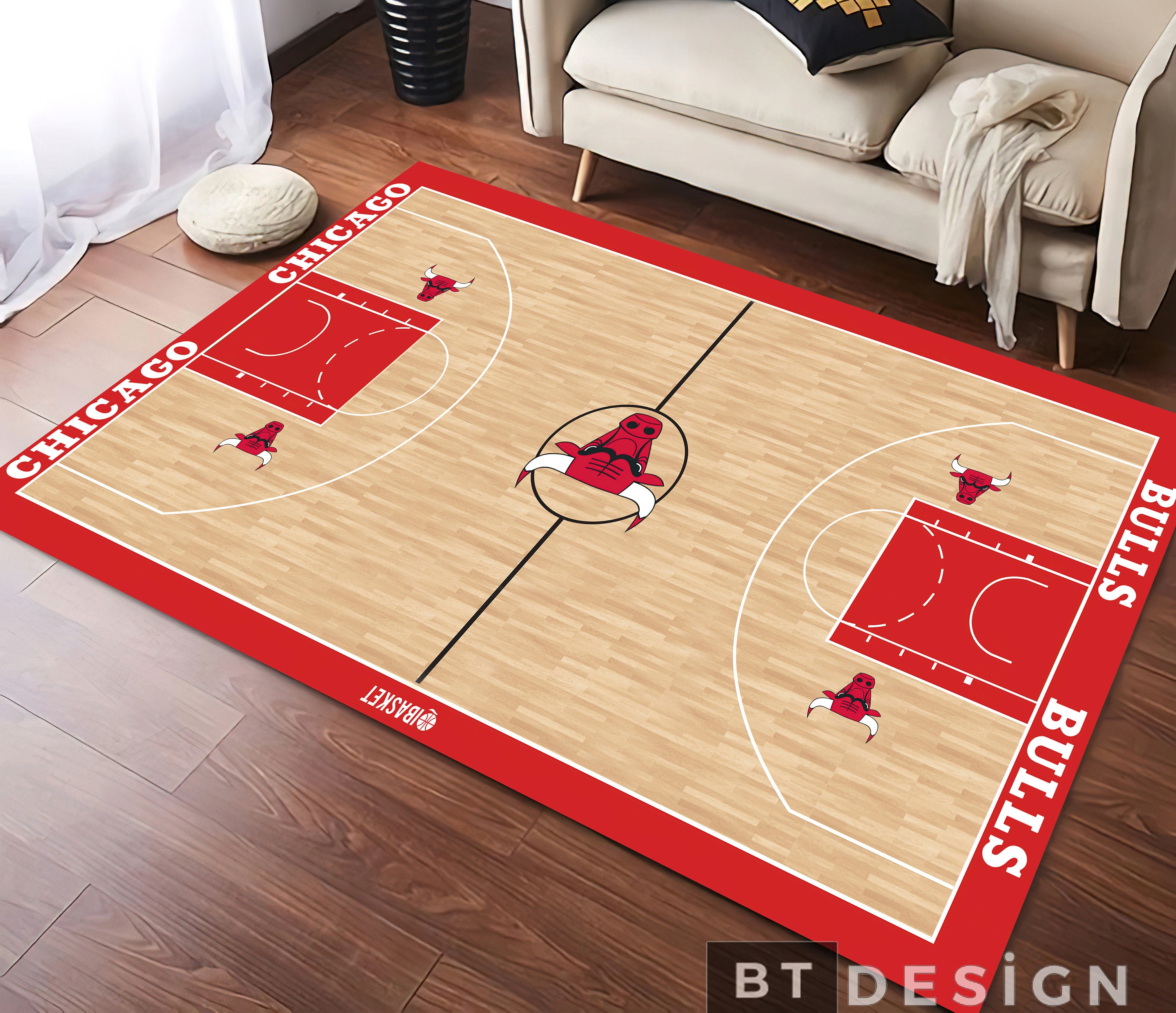 Chicago Bulls Rug, Basketball Court Themed Nonslip Area Rug, Playroom ...