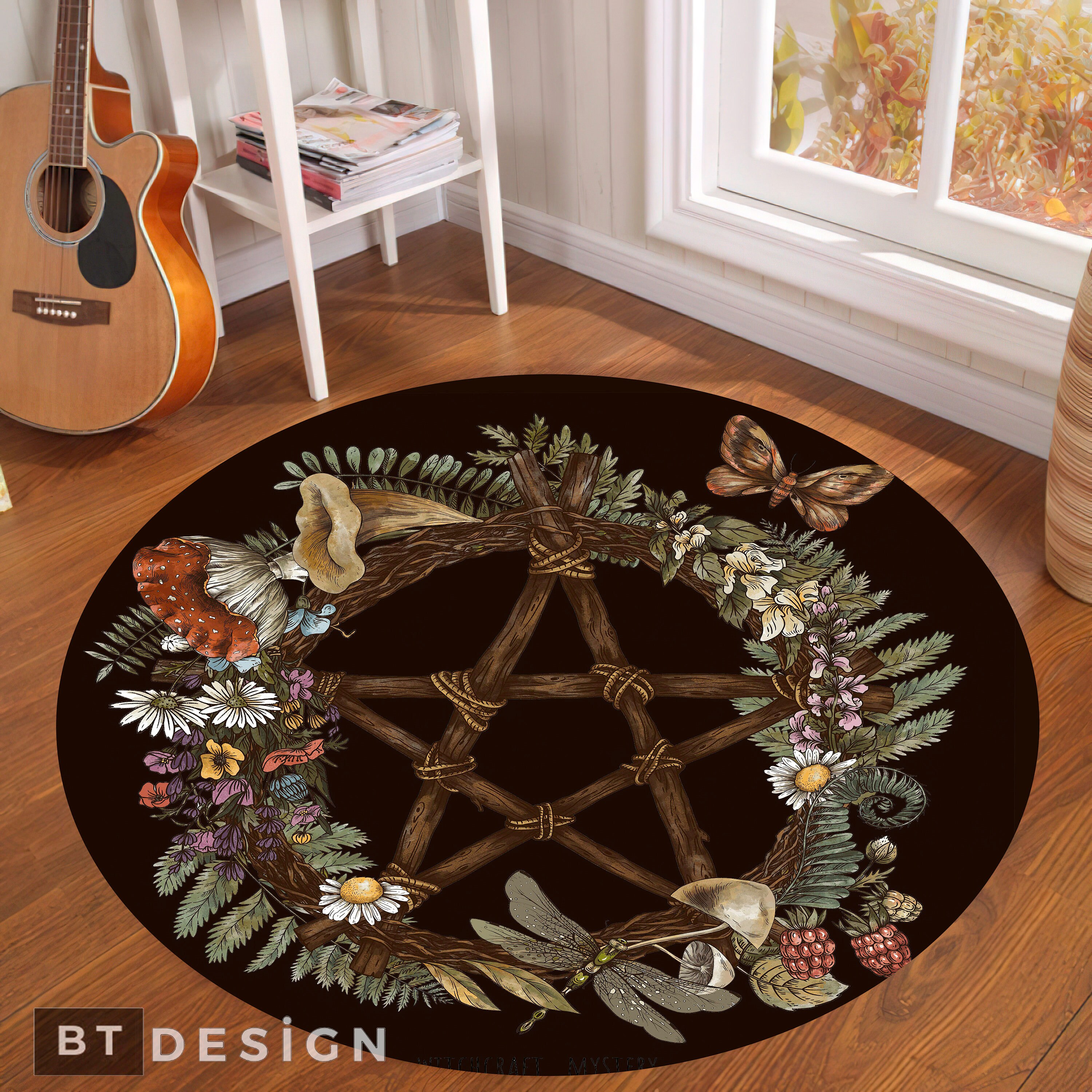 Pentacle Round Rug, Pentacle Flower Wooden Themed Nonslip Area Rug ...
