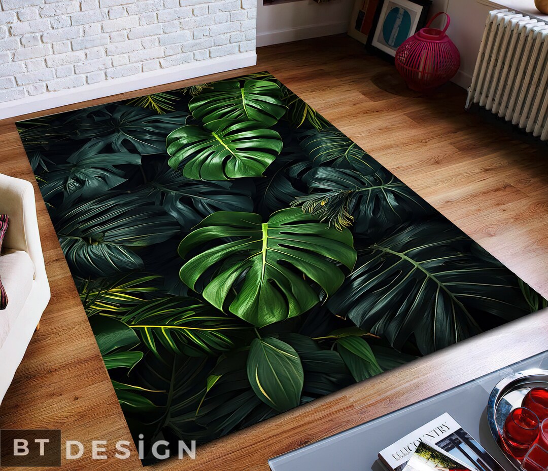 Exotic Rug, Exotic Leafs Pattern Nonslip Area Rug, Green Floral Soft ...