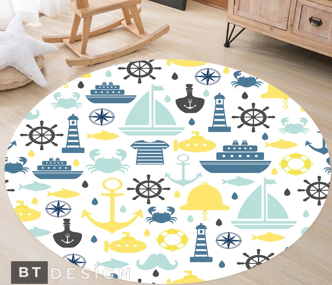 Marine Nursery Rug, Sea Wheel Ship Fish Compass Crab Vector Art Themed ...