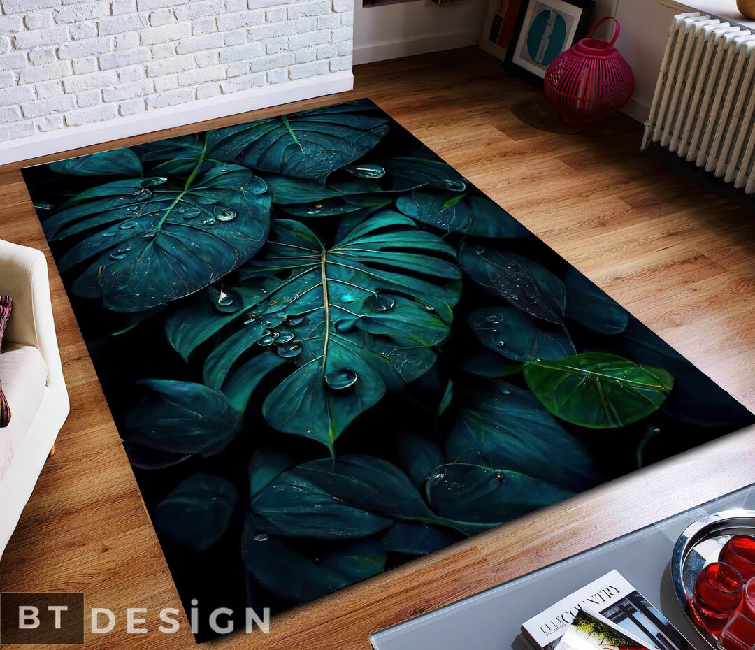Exotic Rug, Exotic Leafs Pattern Nonslip Area Rug, Dark Green Floral ...