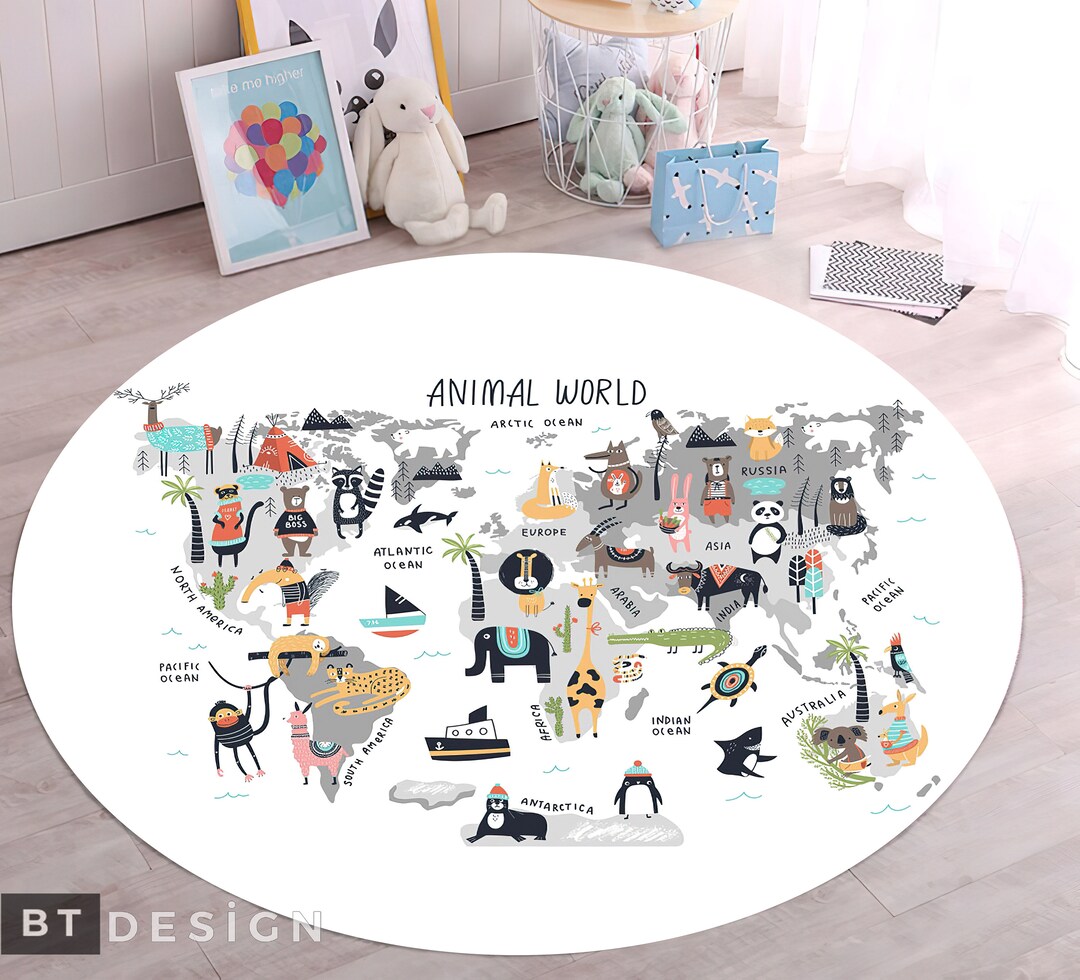 Animal World Round Rug, Cute World Map Pattern Nonslip Area Rug ...