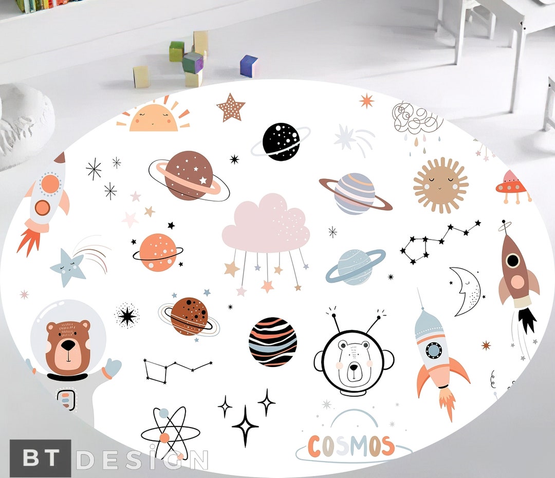 Space Rug, Space Elements Collection Planets Moon Rocket Themed Nonslip ...