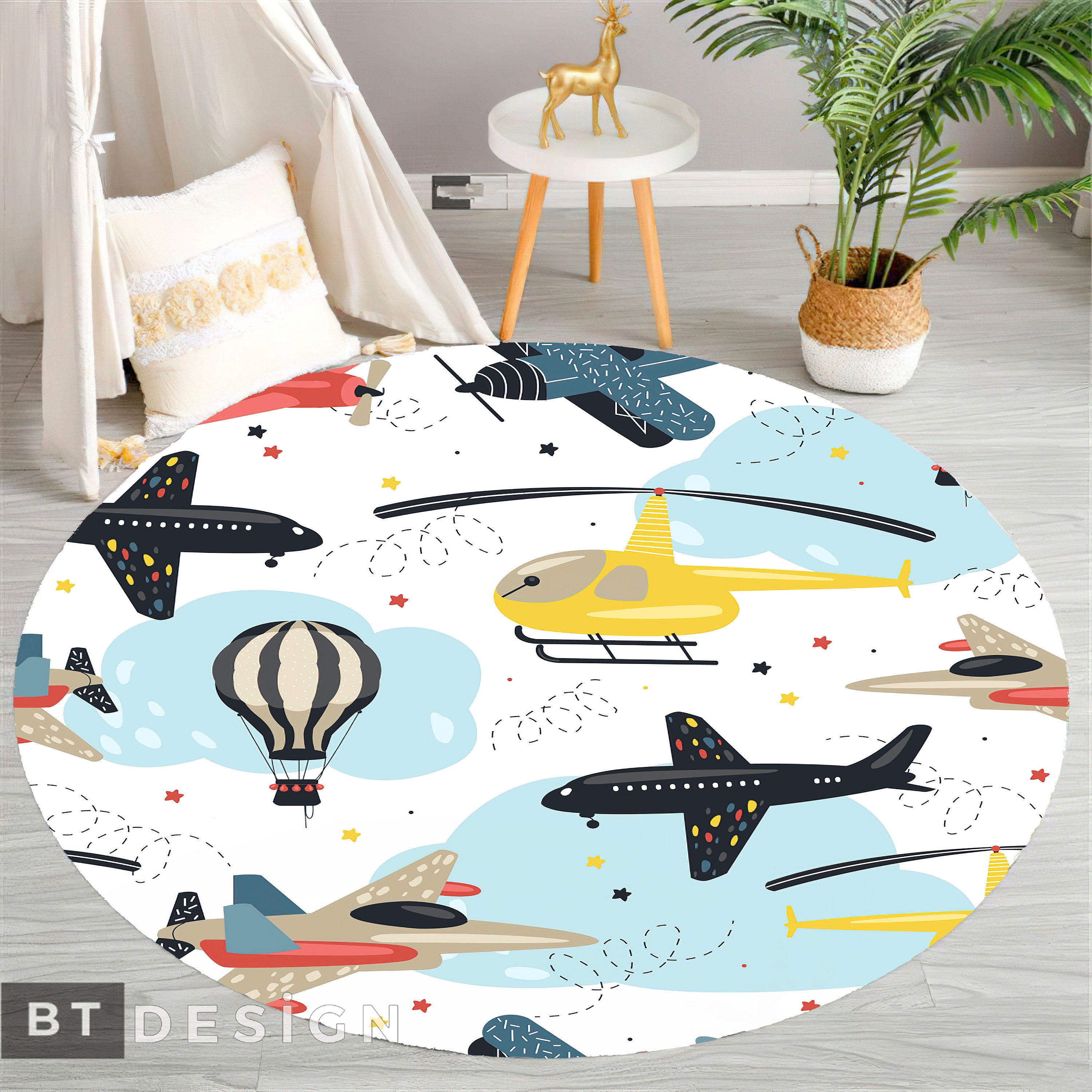 Airplane Rug, Cute Air Transport Air Balloon Airplane Themed Nonslip ...