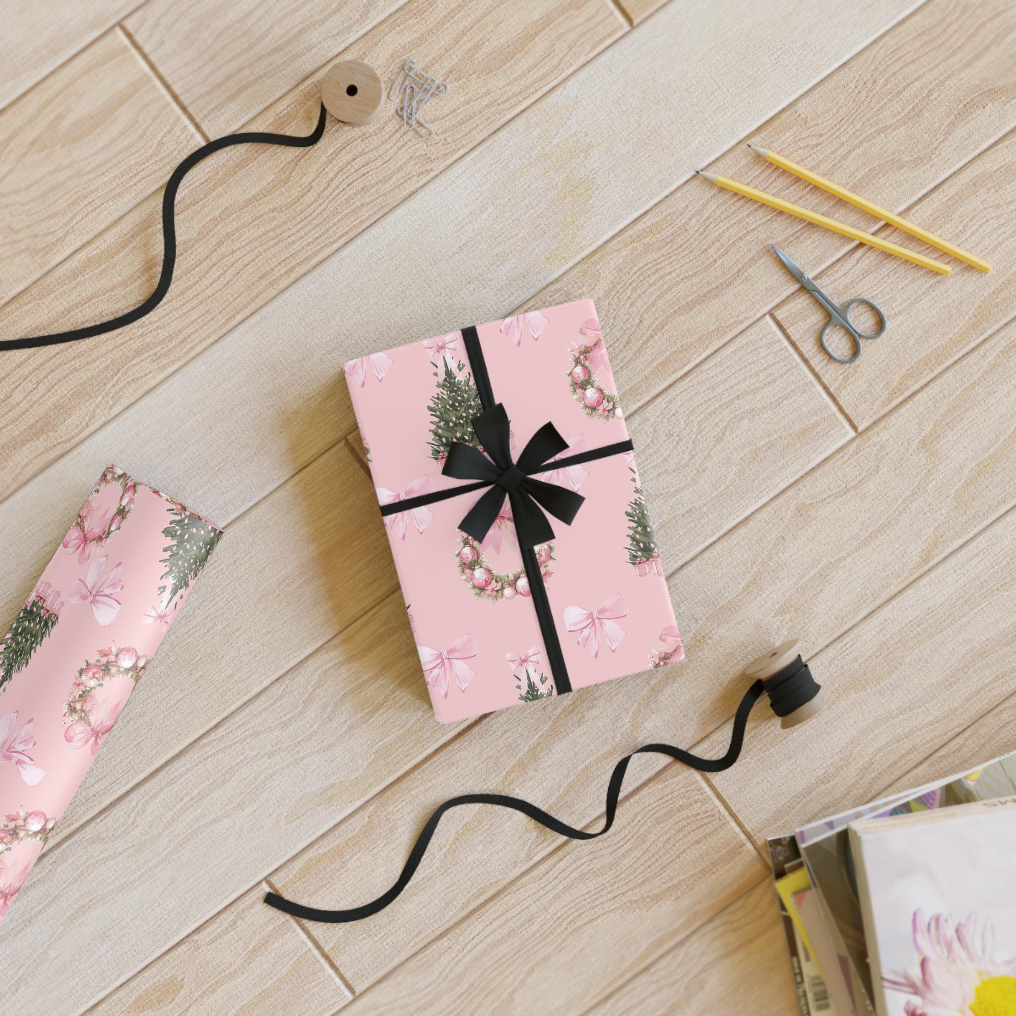 Christmas Gift Wrapping Paper Rolls, Pink Bows and Christmas Trees ...