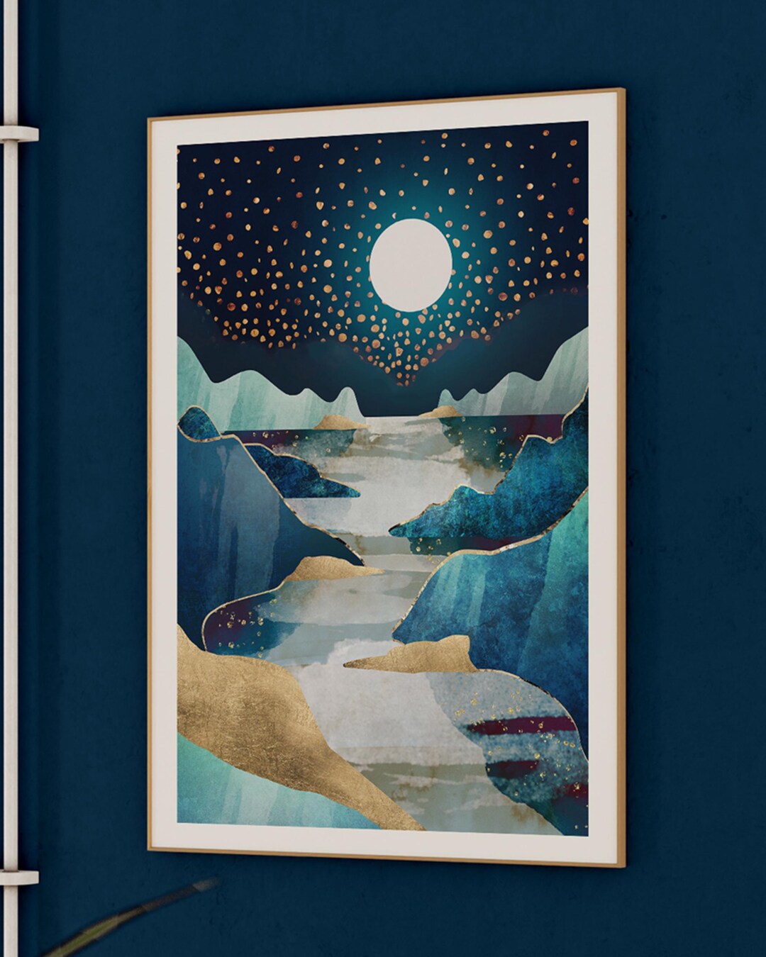 Moonlit Mountain Lake Print: Blue and Gold Abstract Wall Art - Etsy
