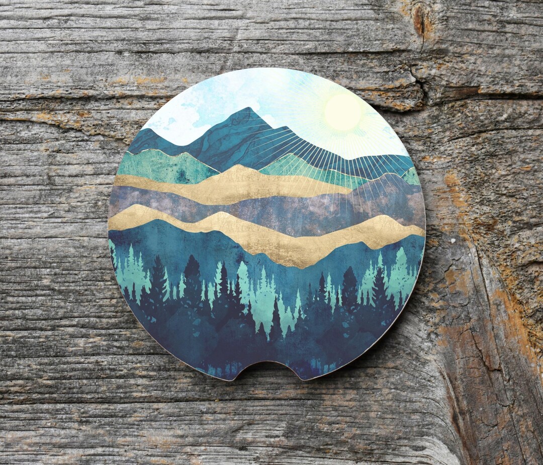 Blue Forest Landscape Car Coaster - Absorbent Stone for Car Cup Holders ...
