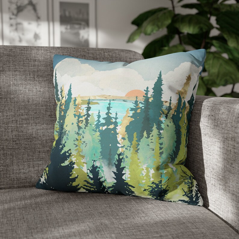 Nature Pillow Cover, Abstract Mountain Forest Decorative Square Throw ...