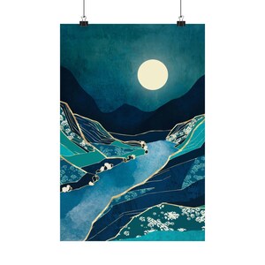 Abstract Blue Landscape Art Print, Mountain and River Landscape Poster ...