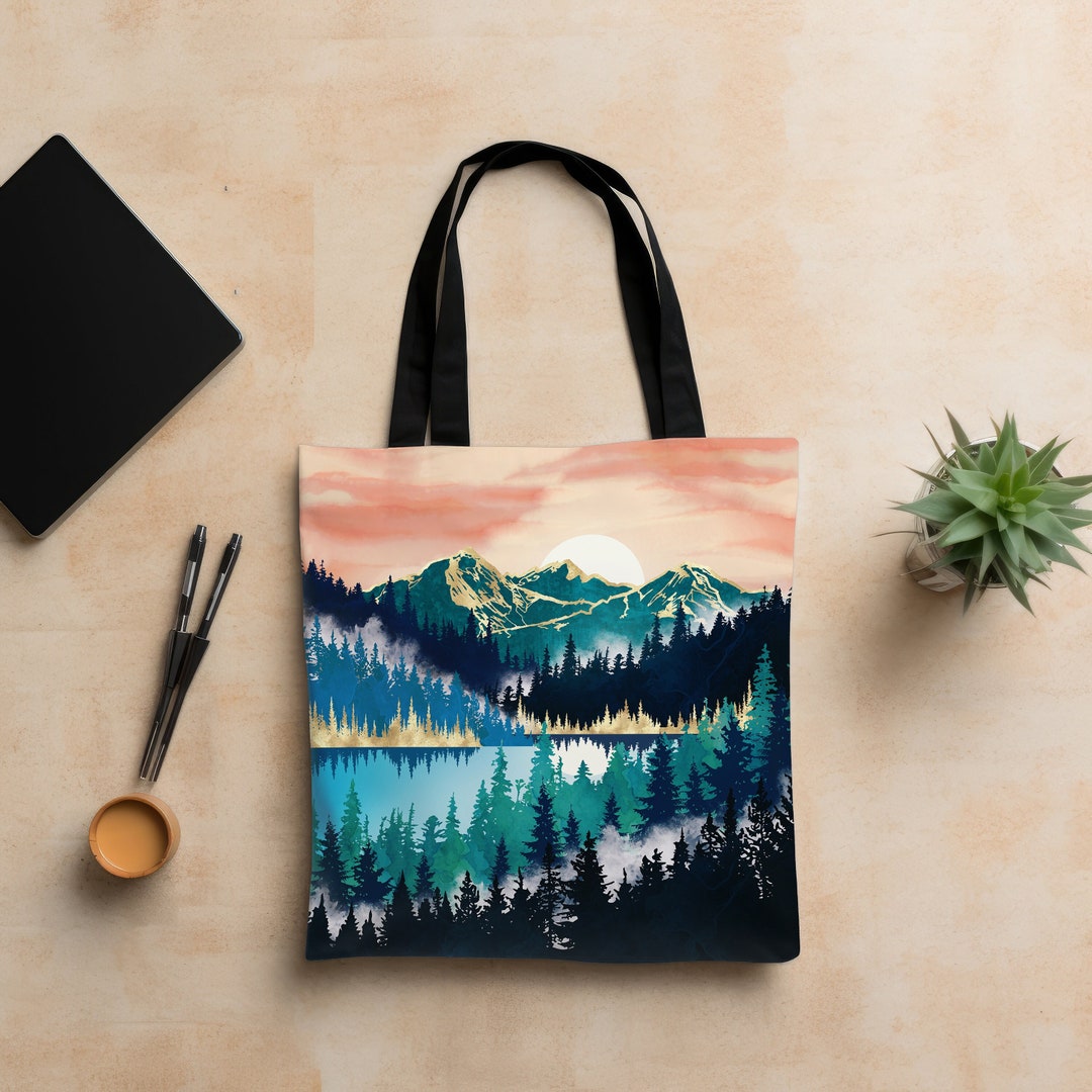 Abstract Nature Tote Bag, Abstract Forest and Lake Bag, Artsy Nature ...