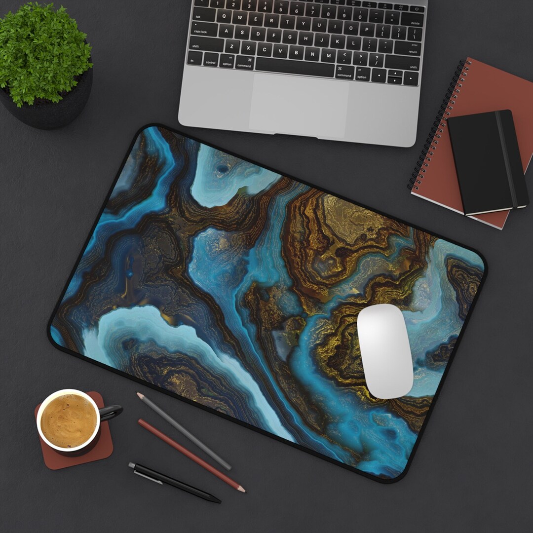 Abstract Agate Desk Mat, Blue and Gold Desk Mat, Long Desk Mousepad ...