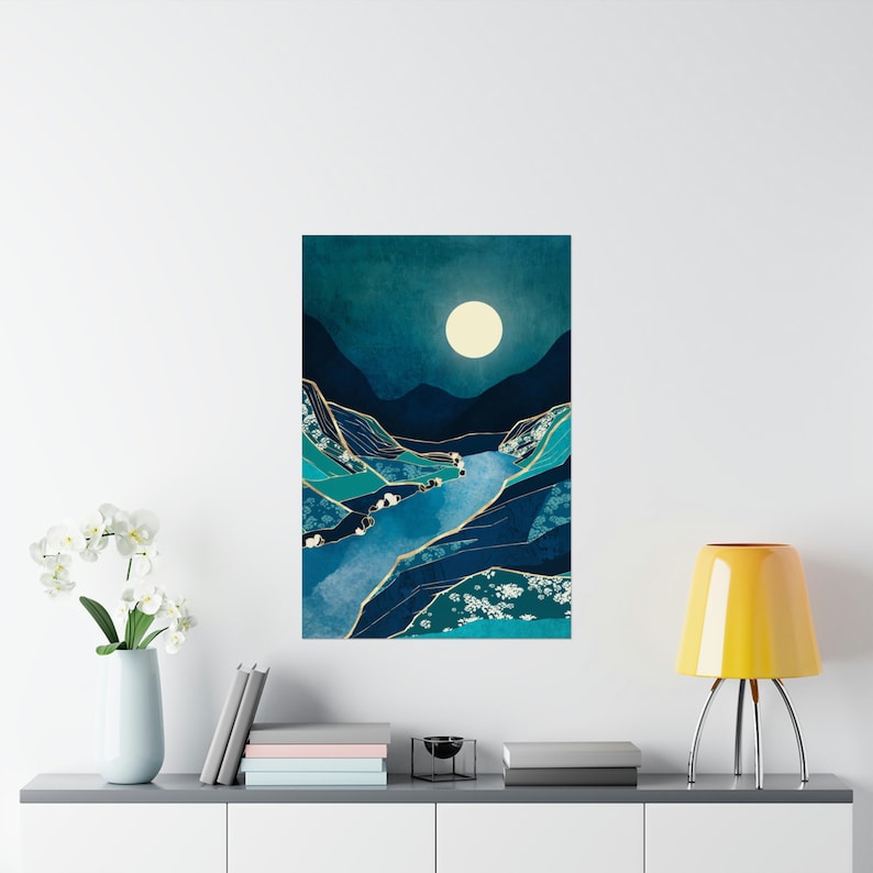 Abstract Blue Landscape Art Print Mountain and River - Etsy