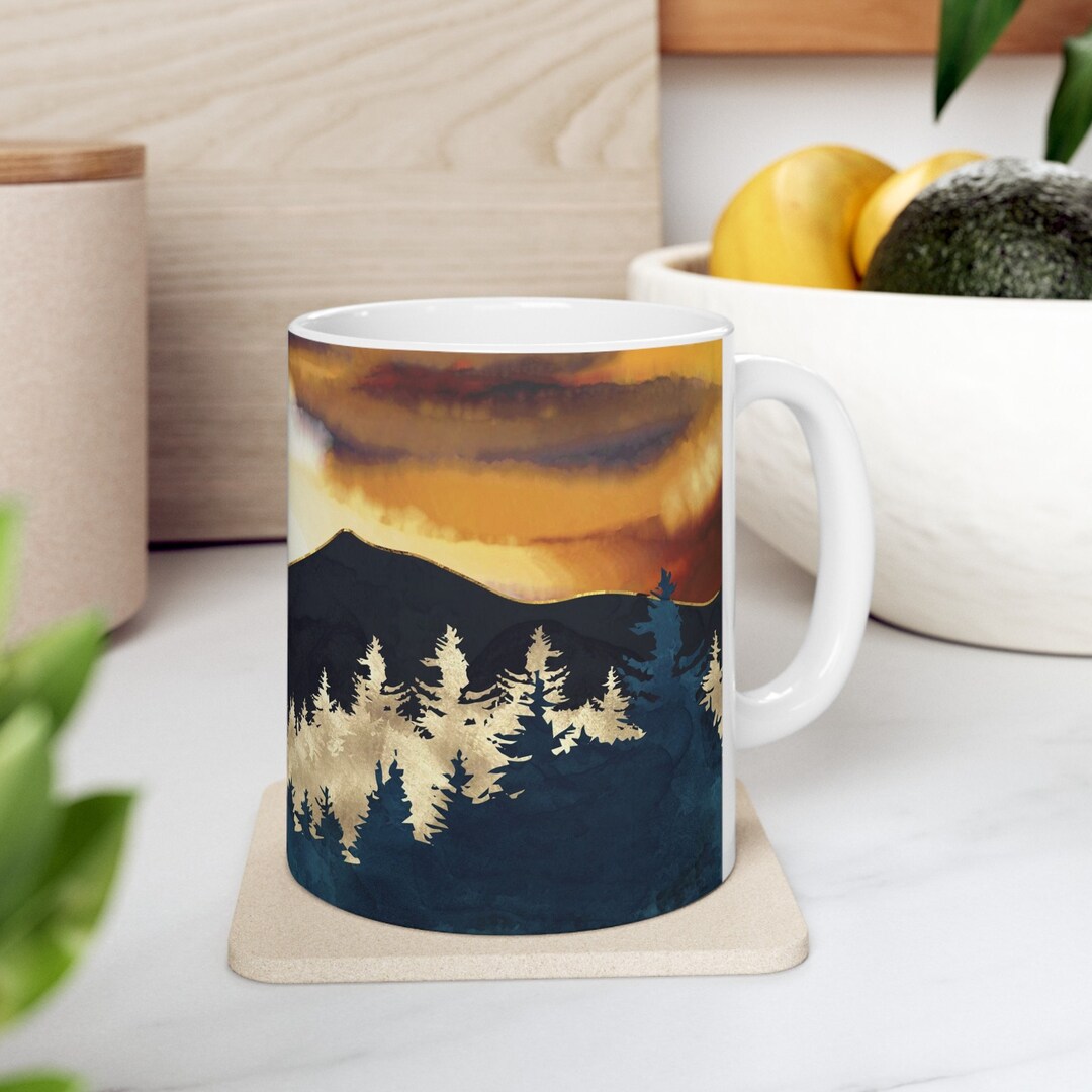 Rustic Mountain Sunset Mug - Artistic Forest Coffee Cup - Tranquil Home ...