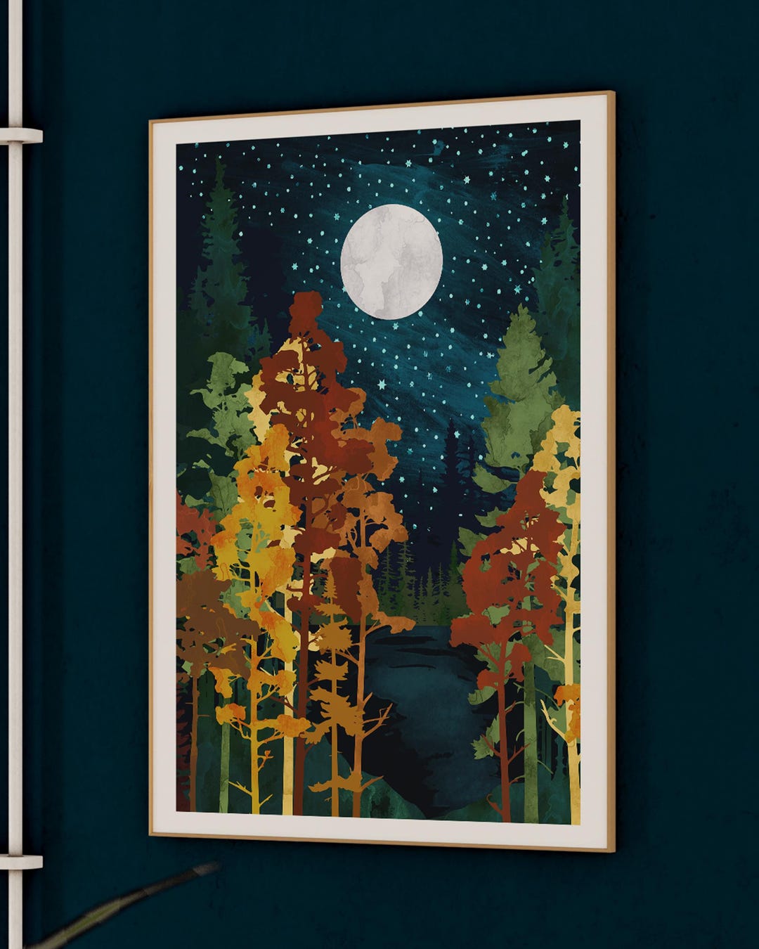 Autumn Lake Art Print - Moonlit Forest Landscape Abstract Home Decor - Etsy