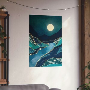 Abstract Blue Landscape Art Print, Mountain and River Landscape Poster ...