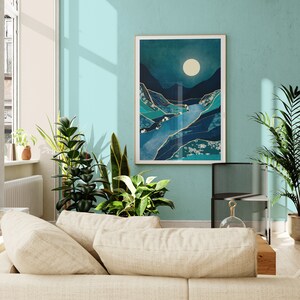 Abstract Blue Landscape Art Print, Mountain and River Landscape Poster ...