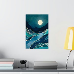 Abstract Blue Landscape Art Print, Mountain and River Landscape Poster ...