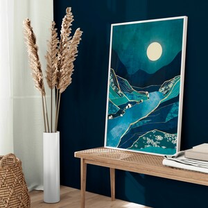 Abstract Blue Landscape Art Print, Mountain and River Landscape Poster ...
