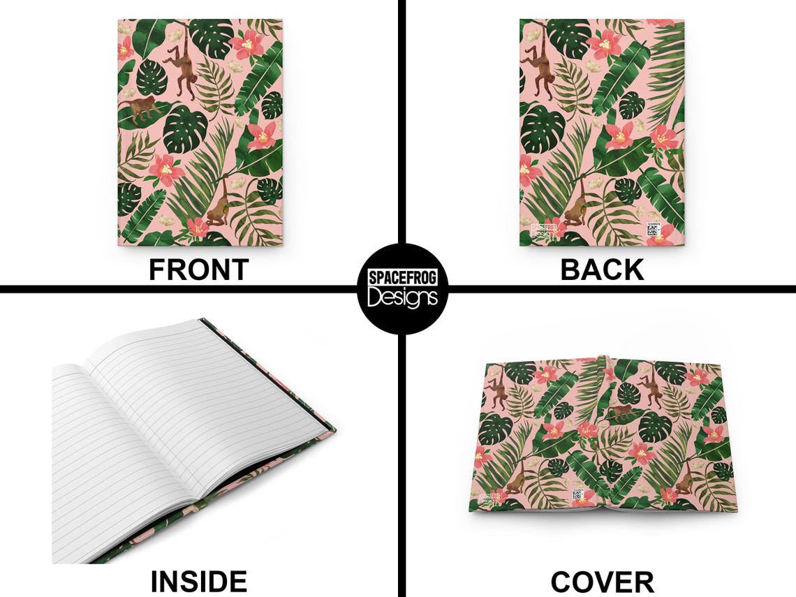 Tropical Jungle Journal Cover - Pink Hardcover Notebook With Monkeys ...