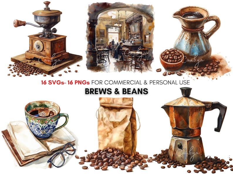 Watercolor Coffee Lover Png Svg Clipart Bundle, Watercolor Coffee Beans ...