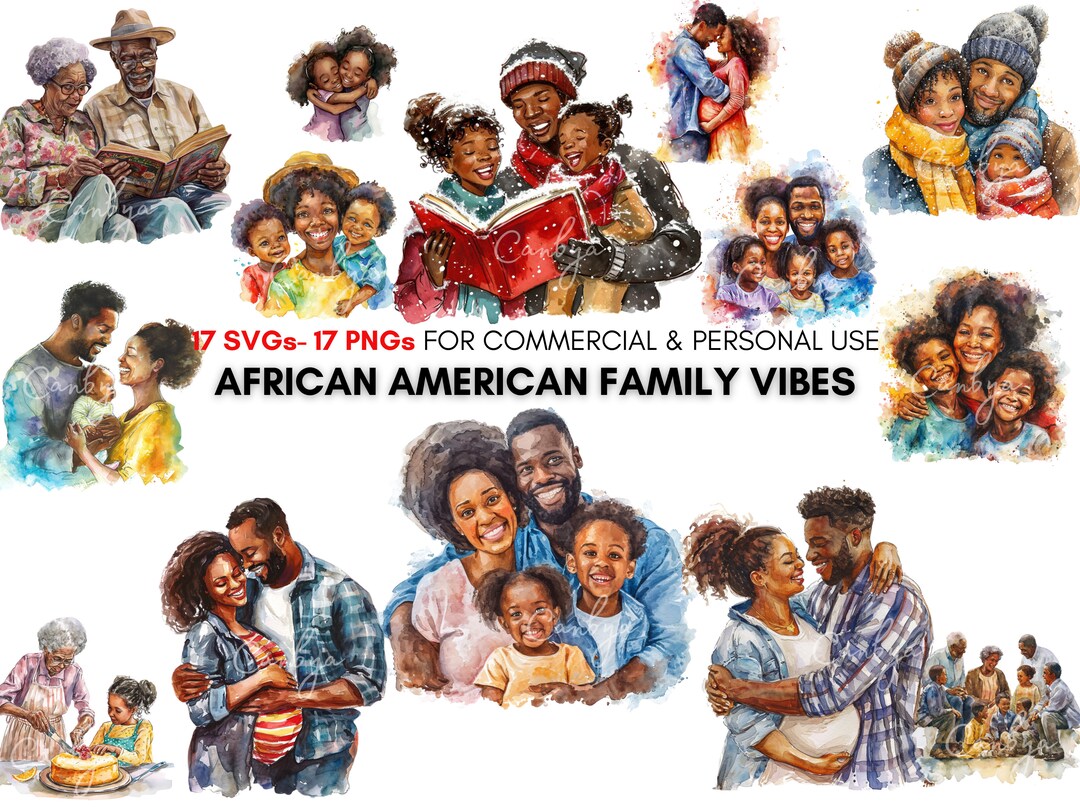 Watercolor African American Family Portraits Png Svg Cliparts, Family ...