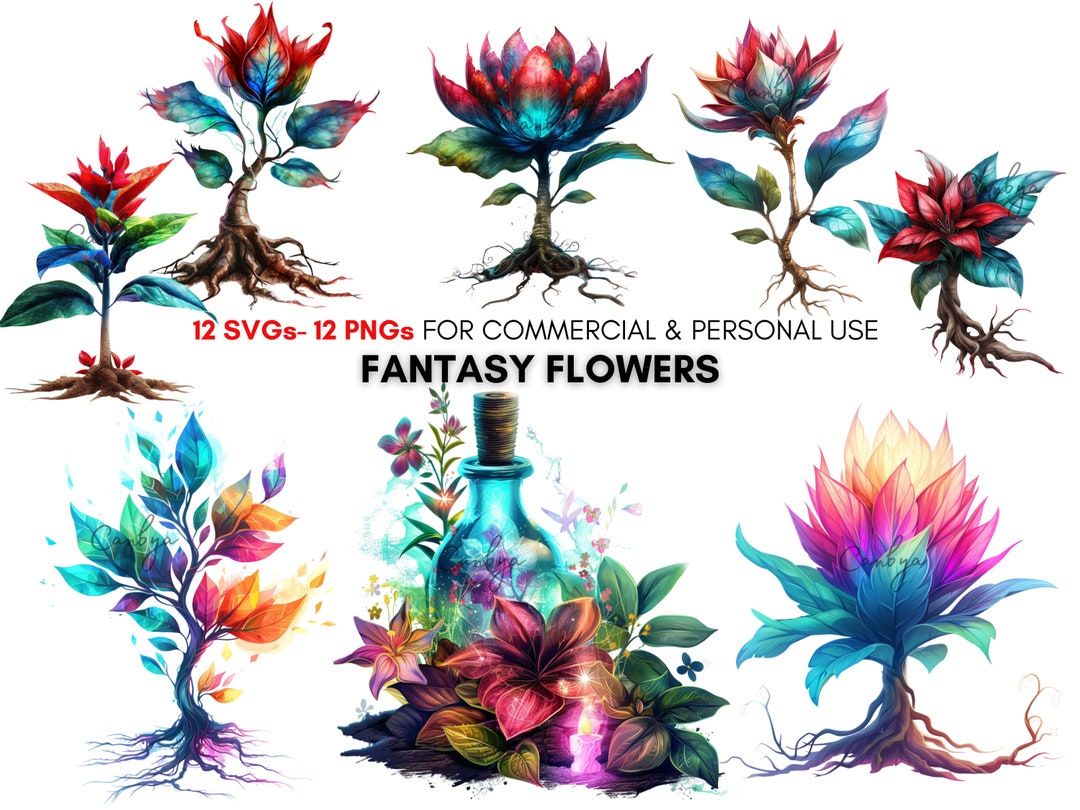 Watercolor Fantasy Flowers Png Svg Spring Cliparts, Magical Floral ...